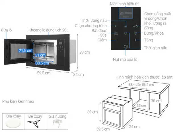 Lò Vi Sóng Có Nướng Âm Tủ SMEG FMI120N2 20 Lít chính hãng 2026