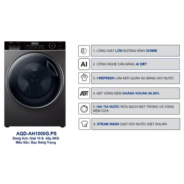 Máy Giặt Sấy Aqua Inverter 10/6 Kg AQD-AH1000G.PS T1/2026