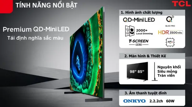 Google Tivi TCL QD-Mini LED 4K 98 Inch 98C855 T9/2025